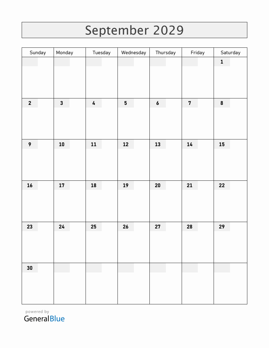 Blank September 2029 Calendar