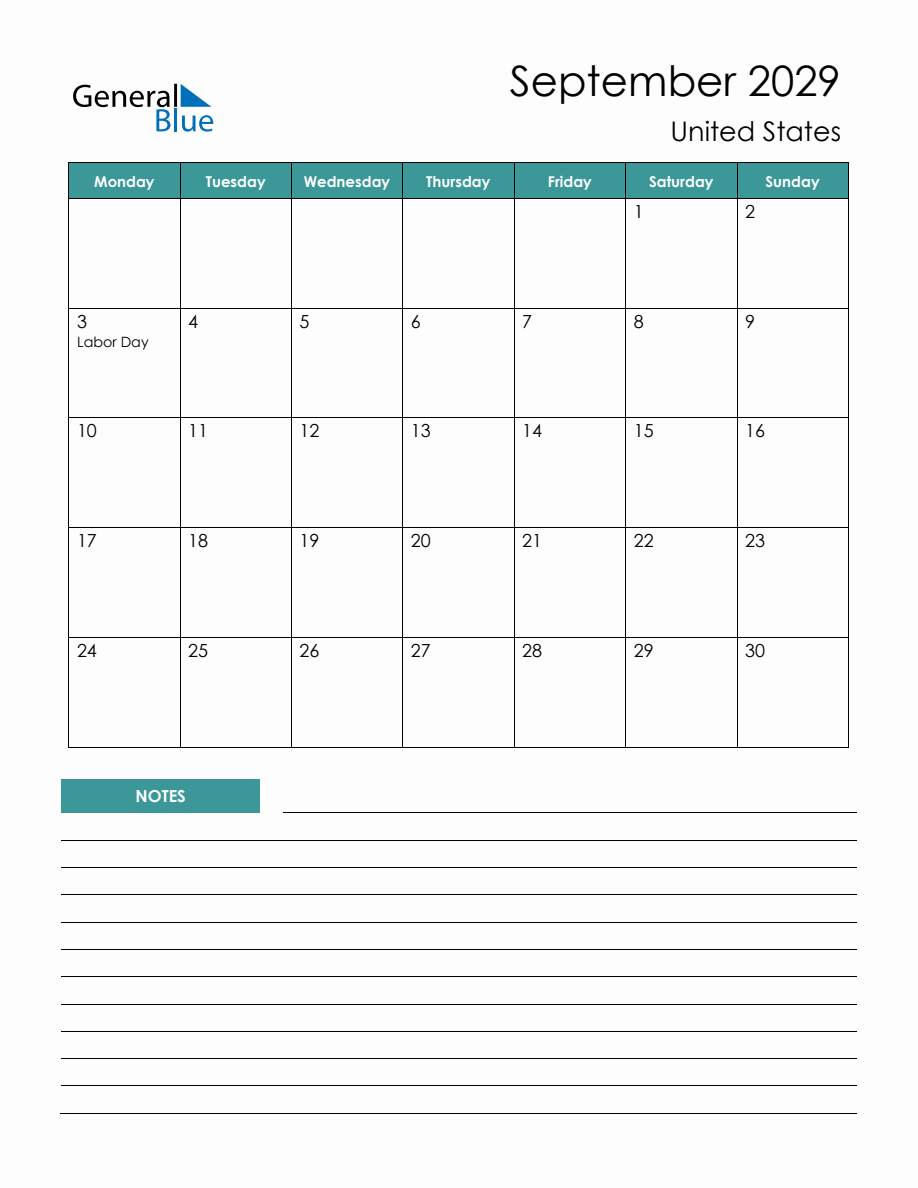 Monthly Planner with United States Holidays - September 2029 (Monday Start)