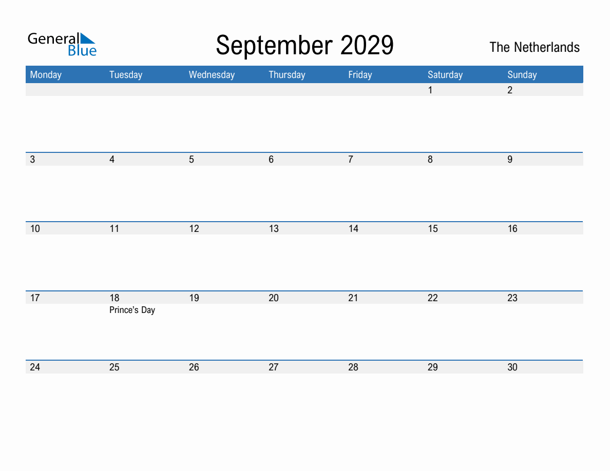 Editable September 2029 Calendar with The Netherlands Holidays