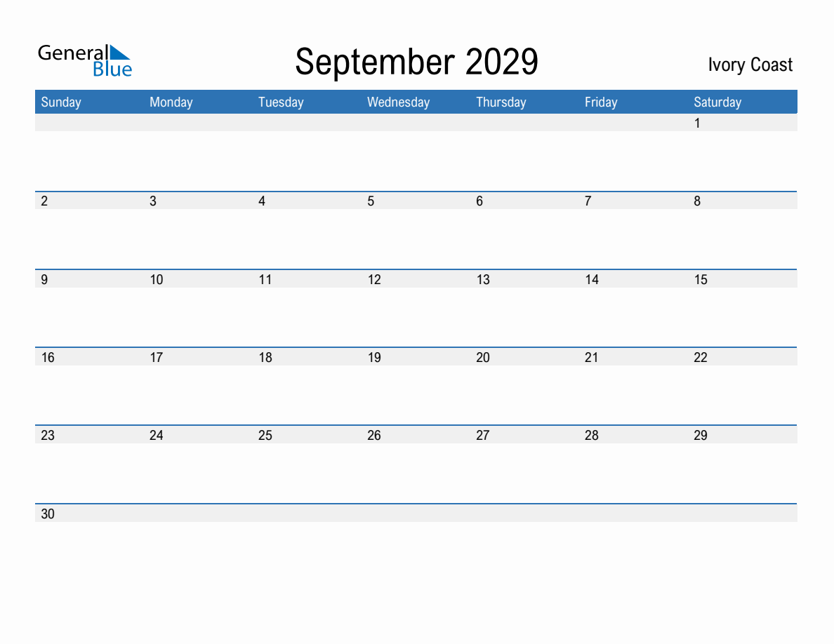 September 2029 Monthly Calendars with Ivory Coast Holidays
