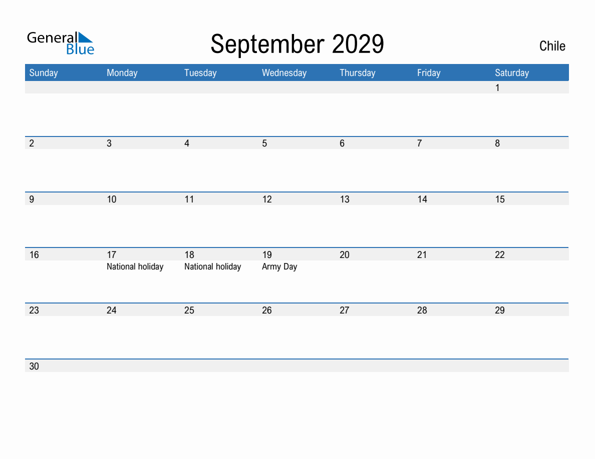 September 2029 Monthly Calendars with Chile Holidays