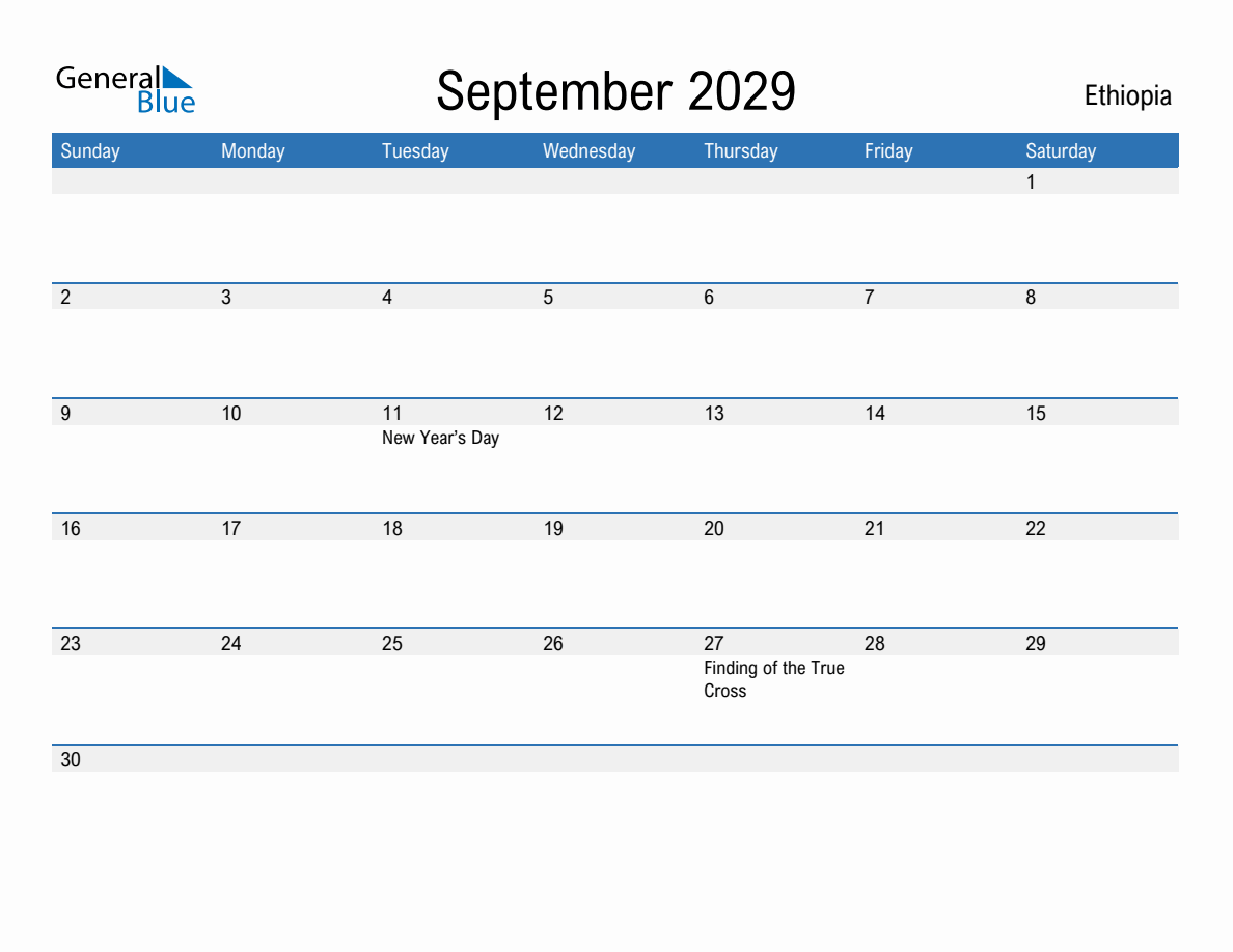 Editable September 2029 Calendar with Ethiopia Holidays