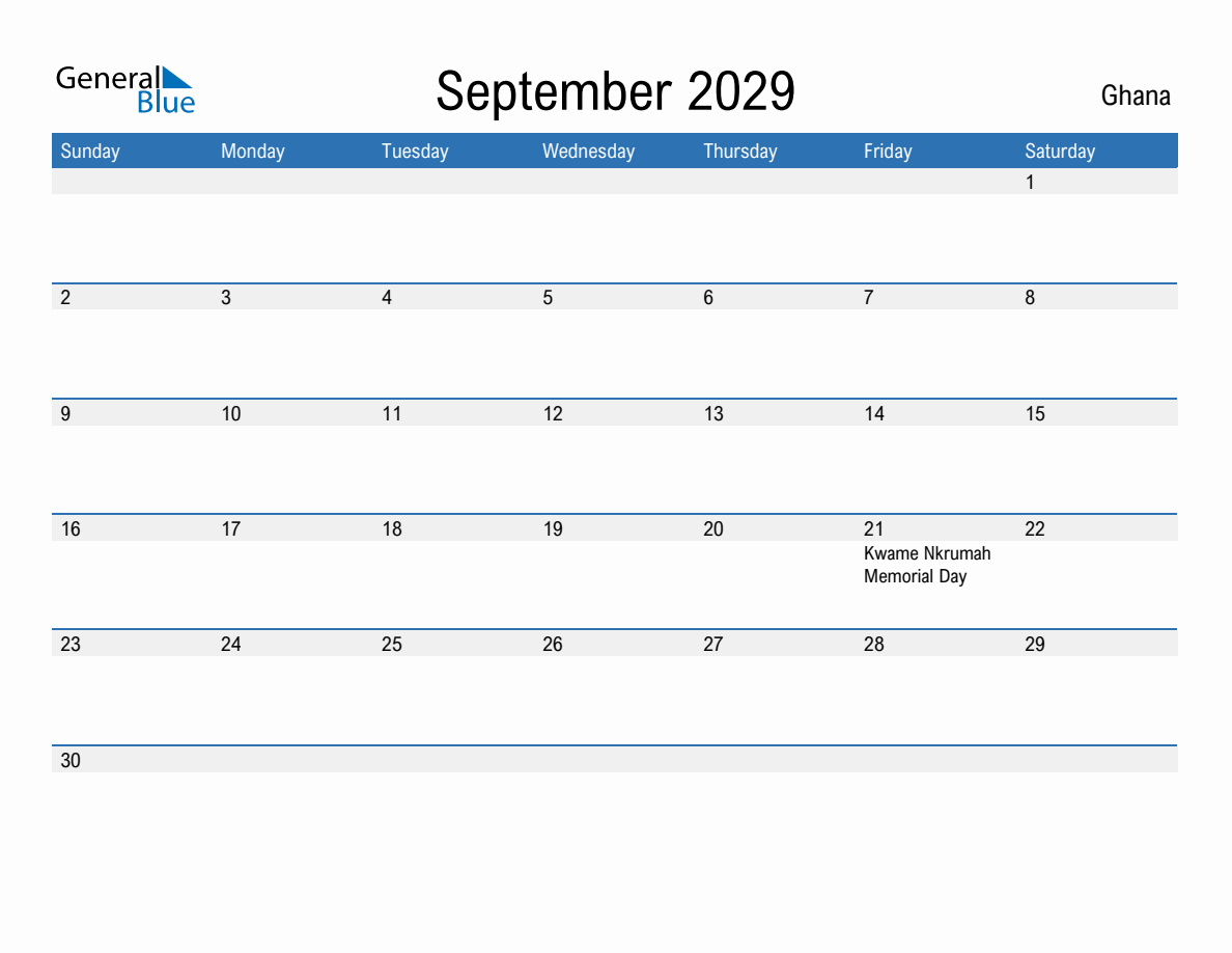 September 2029 Monthly Calendars with Ghana Holidays