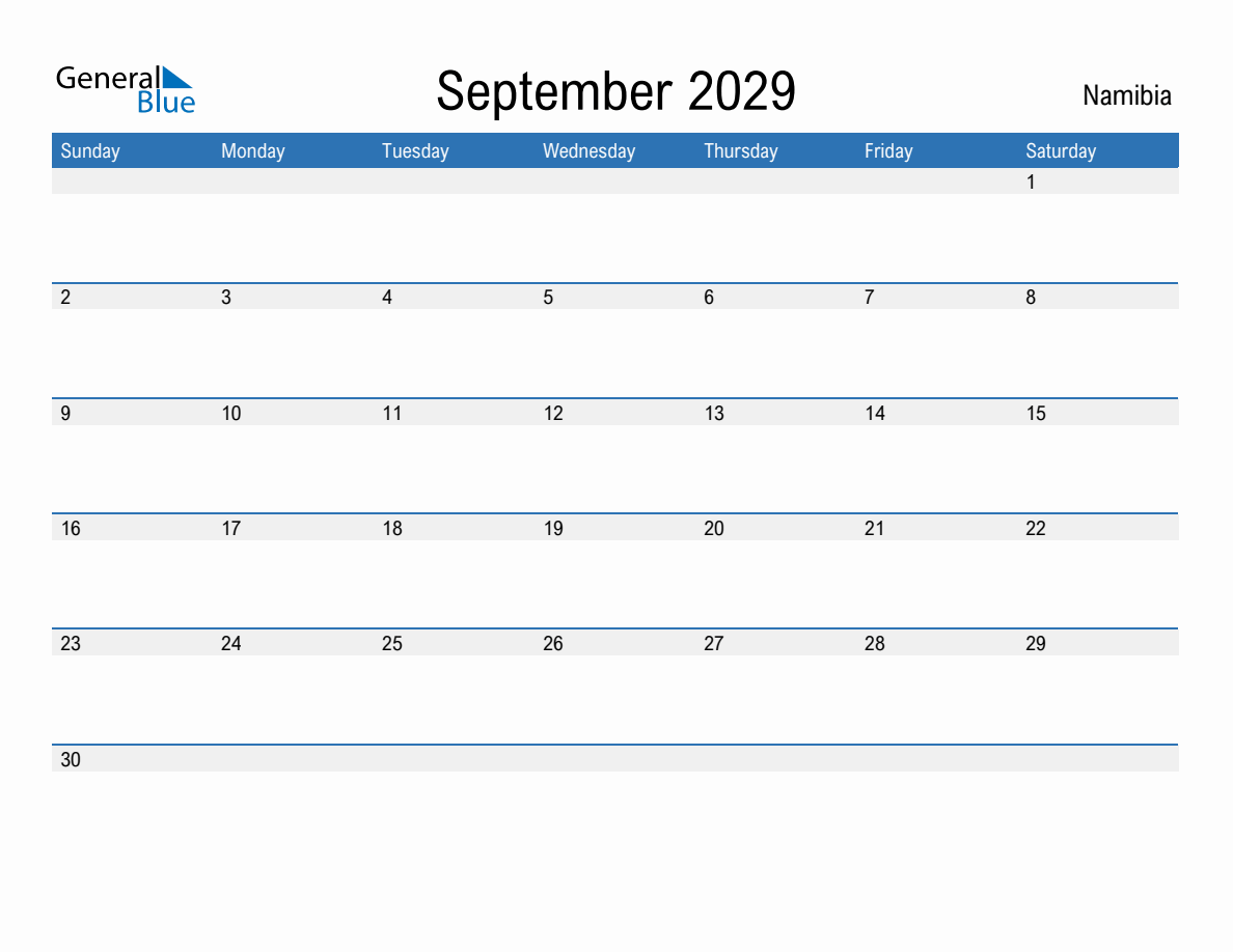 September 2029 Monthly Calendars with Namibia Holidays