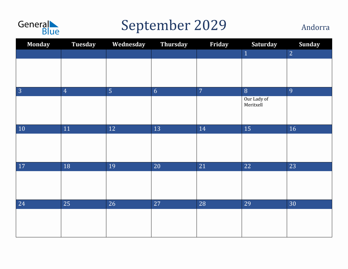 September 2029 Andorra Holiday Calendar (Monday Start)
