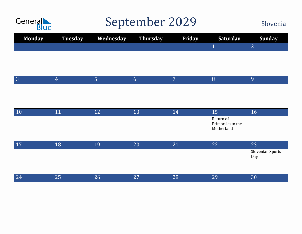 September 2029 Slovenia Holiday Calendar
