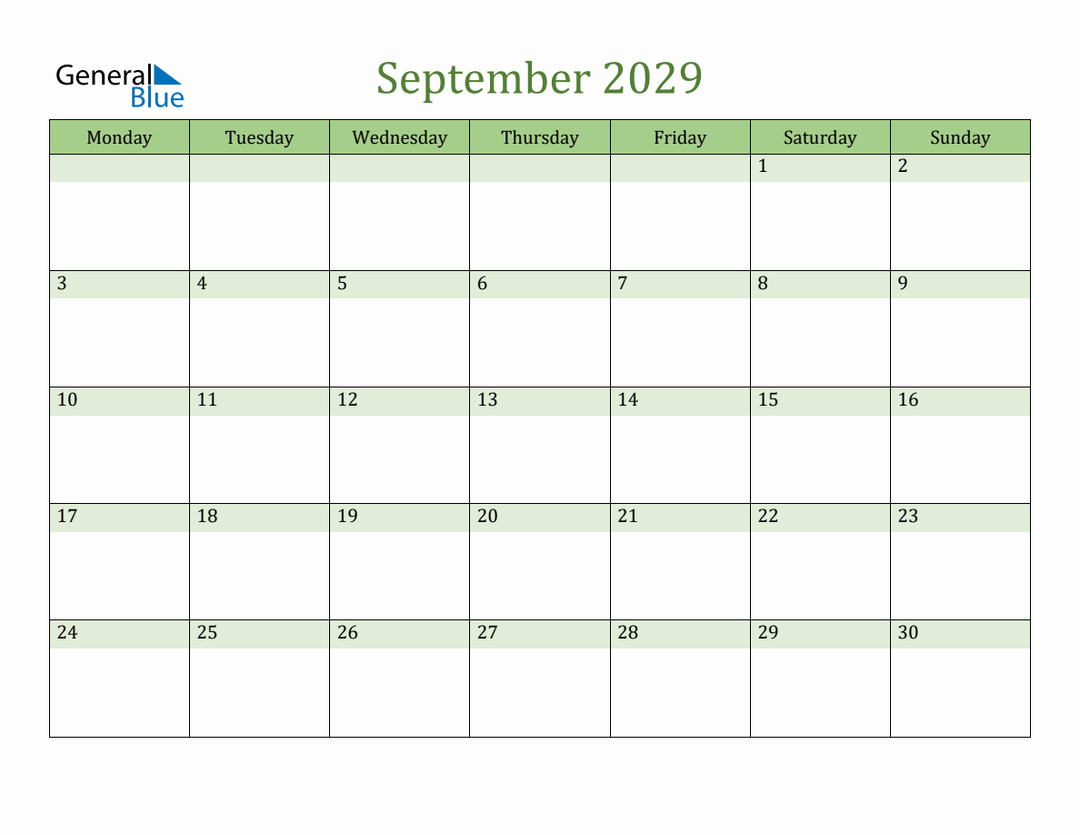 Fillable September 2029 Calendar - Monday Start