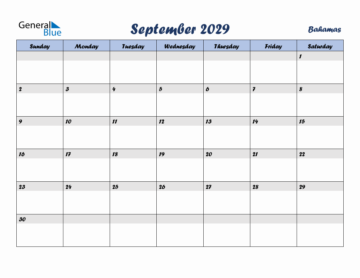 September 2029 Monthly Calendar Template with Holidays for Bahamas