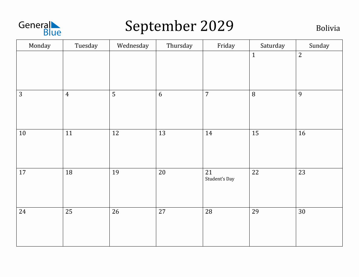 September 2029 - Bolivia Monthly Calendar with Holidays