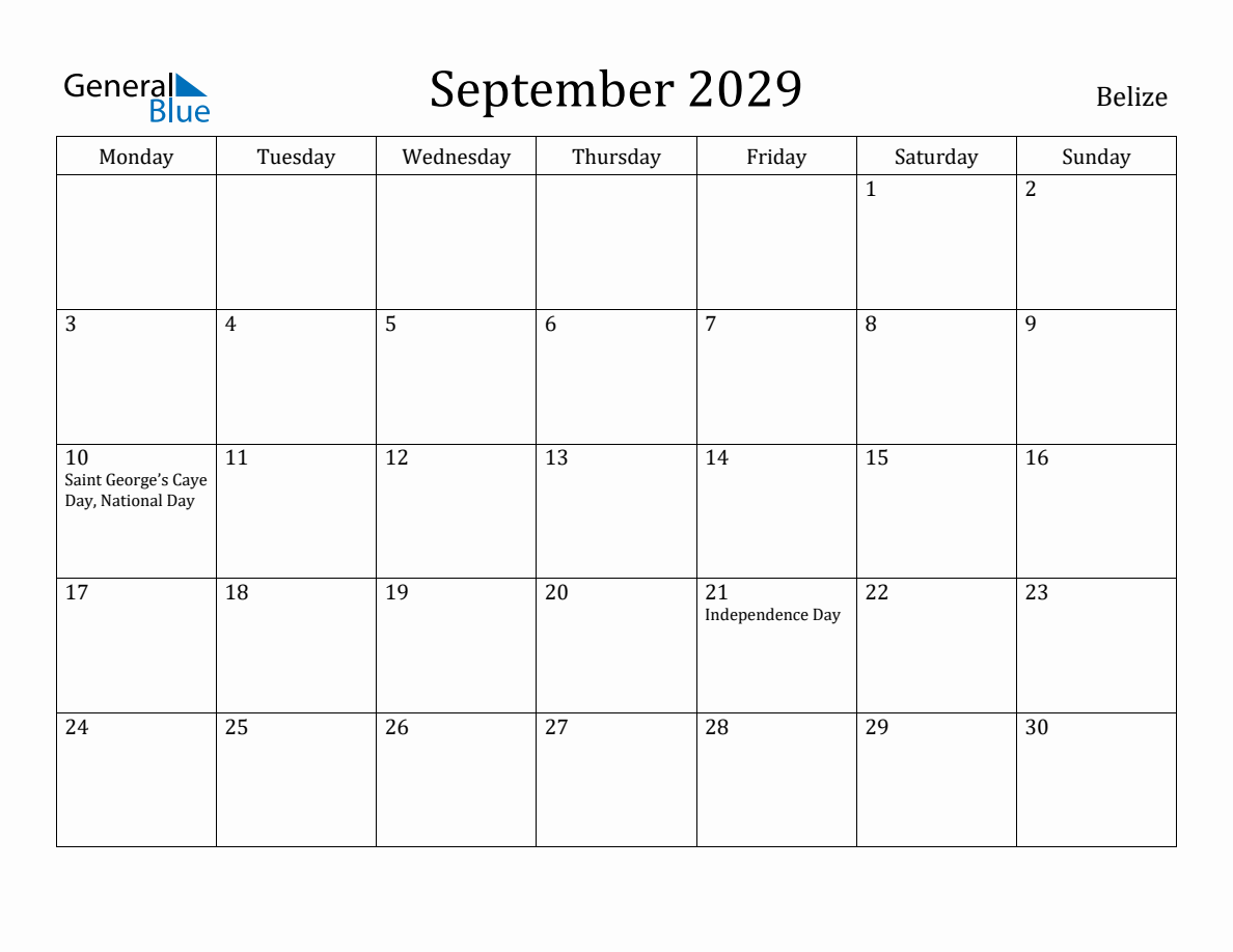 September 2029 - Belize Monthly Calendar with Holidays