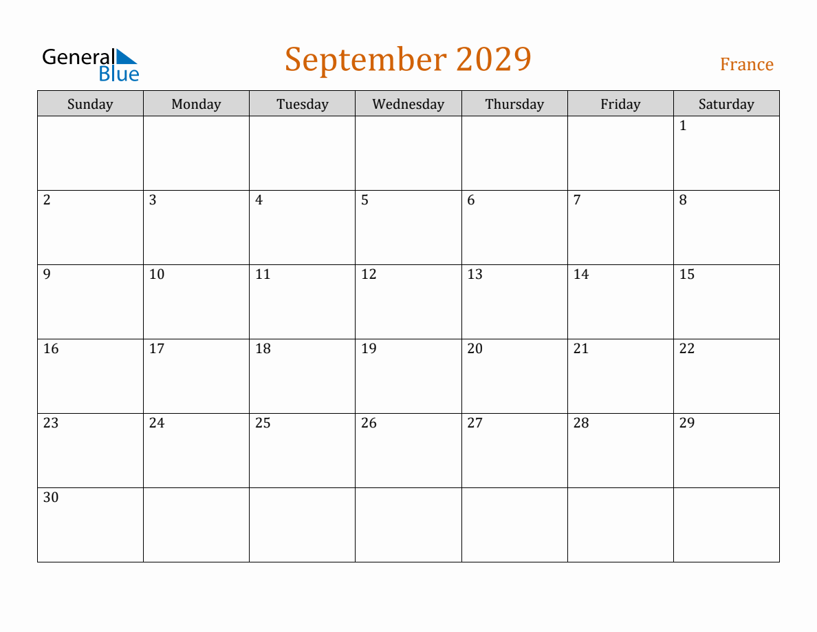 Free September 2029 France Calendar