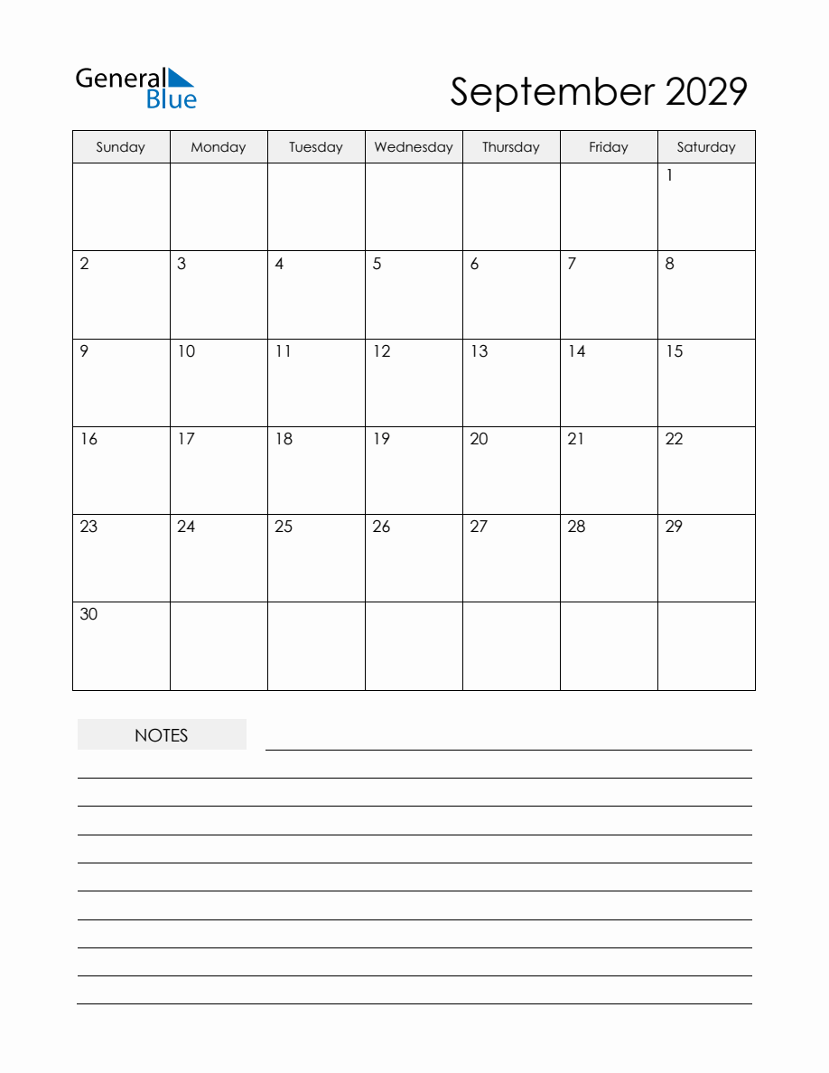September 2029 Monthly Planner Calendar