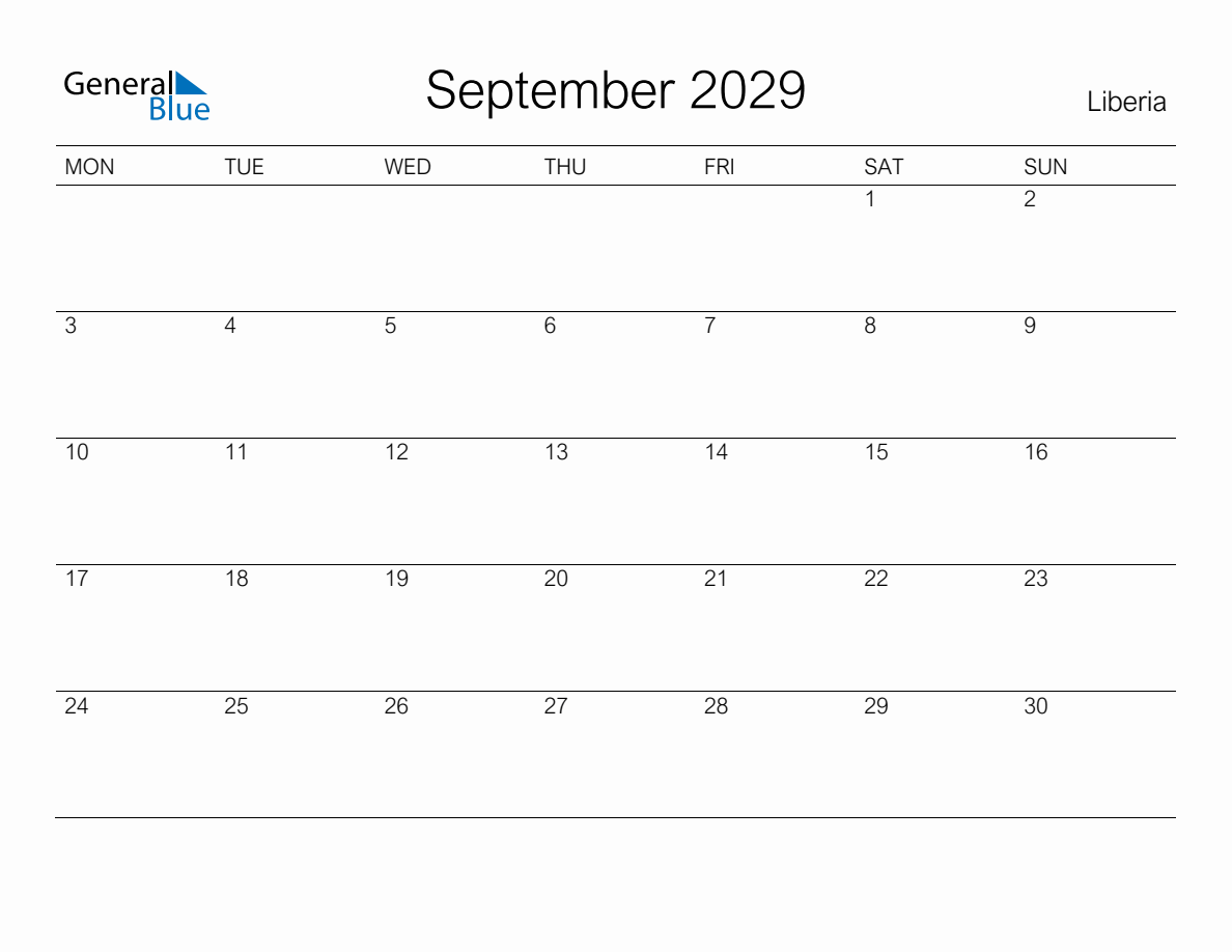Printable September 2029 Monthly Calendar with Holidays for Liberia ...