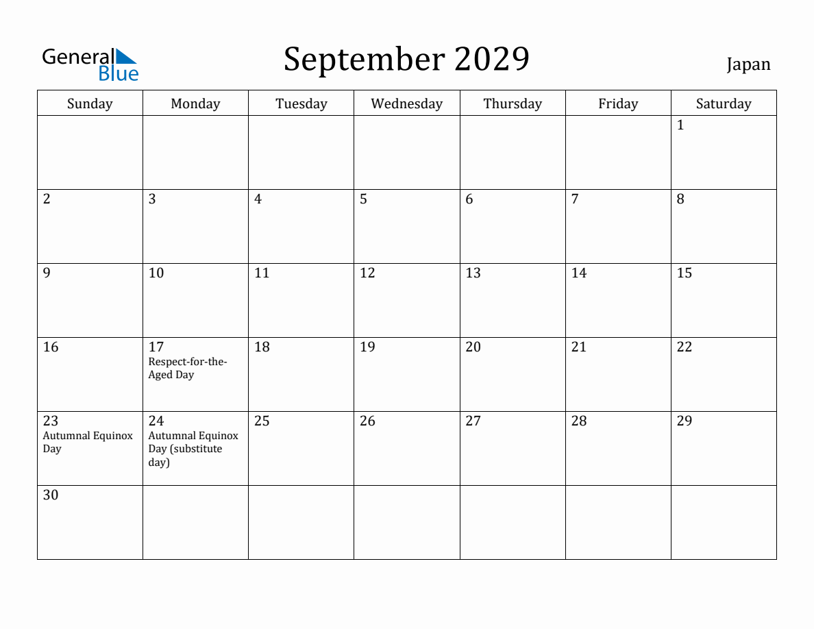 September 2029 Monthly Calendar with Japan Holidays