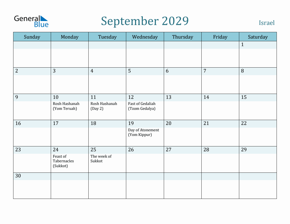 Israel Holiday Calendar for September 2029