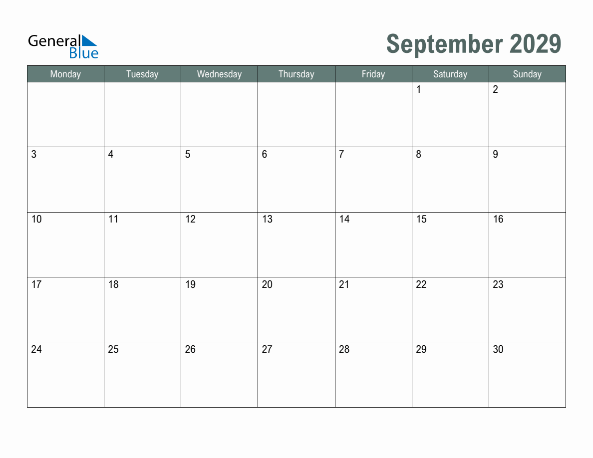 Blank September 2029 Monthly Calendar Template - Monday Start