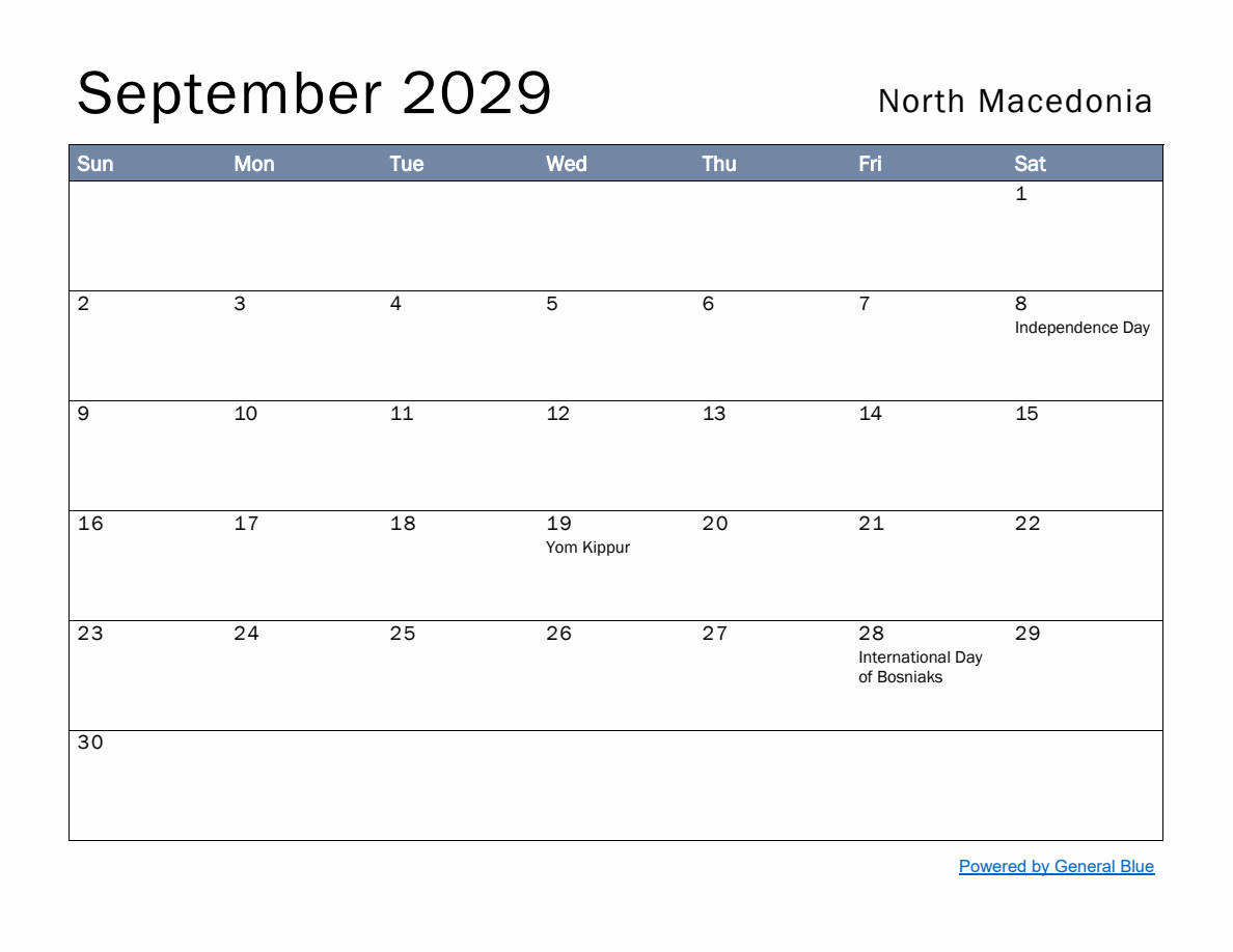 Free Monthly Calendar Template for September 2029 with North Macedonia ...