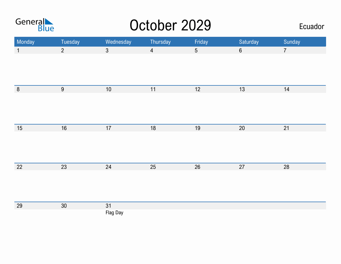 Editable October 2029 Calendar with Ecuador Holidays