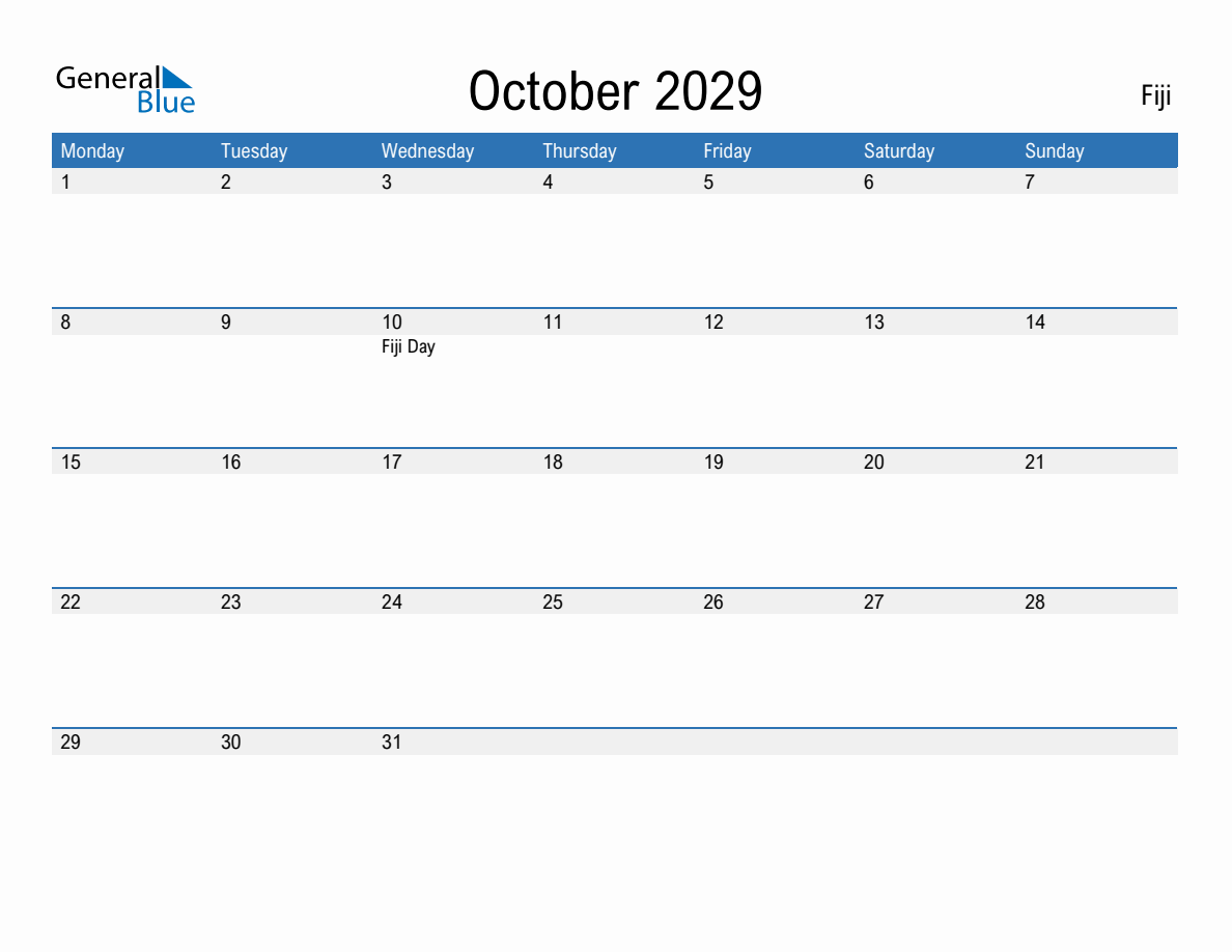 Editable October 2029 Calendar with Fiji Holidays (Monday Start)