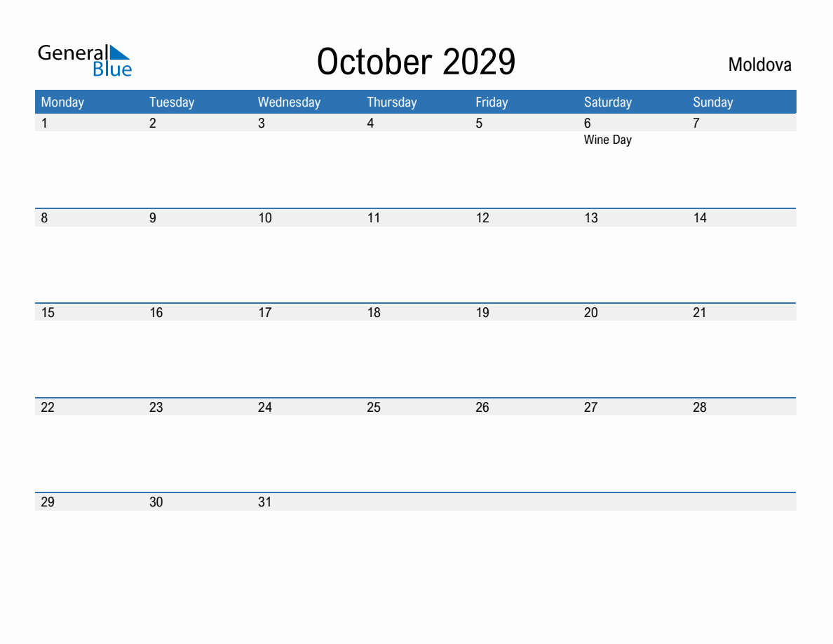 Editable October 2029 Calendar with Moldova Holidays