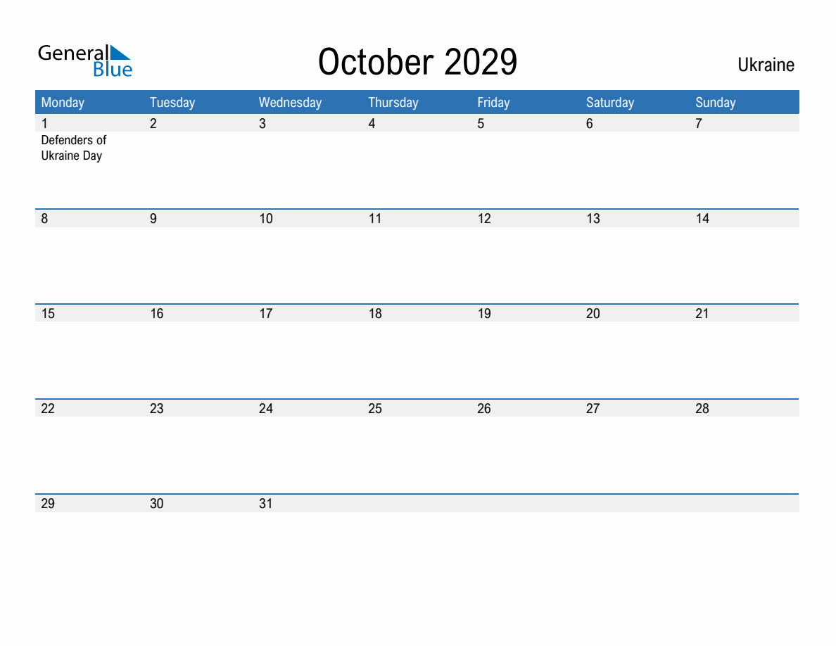 Editable October 2029 Calendar with Ukraine Holidays (Monday Start)