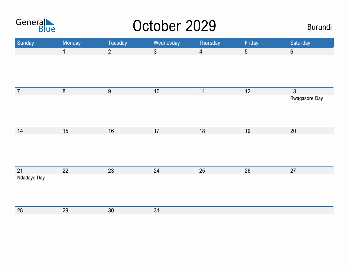 Editable October 2029 Calendar with Burundi Holidays