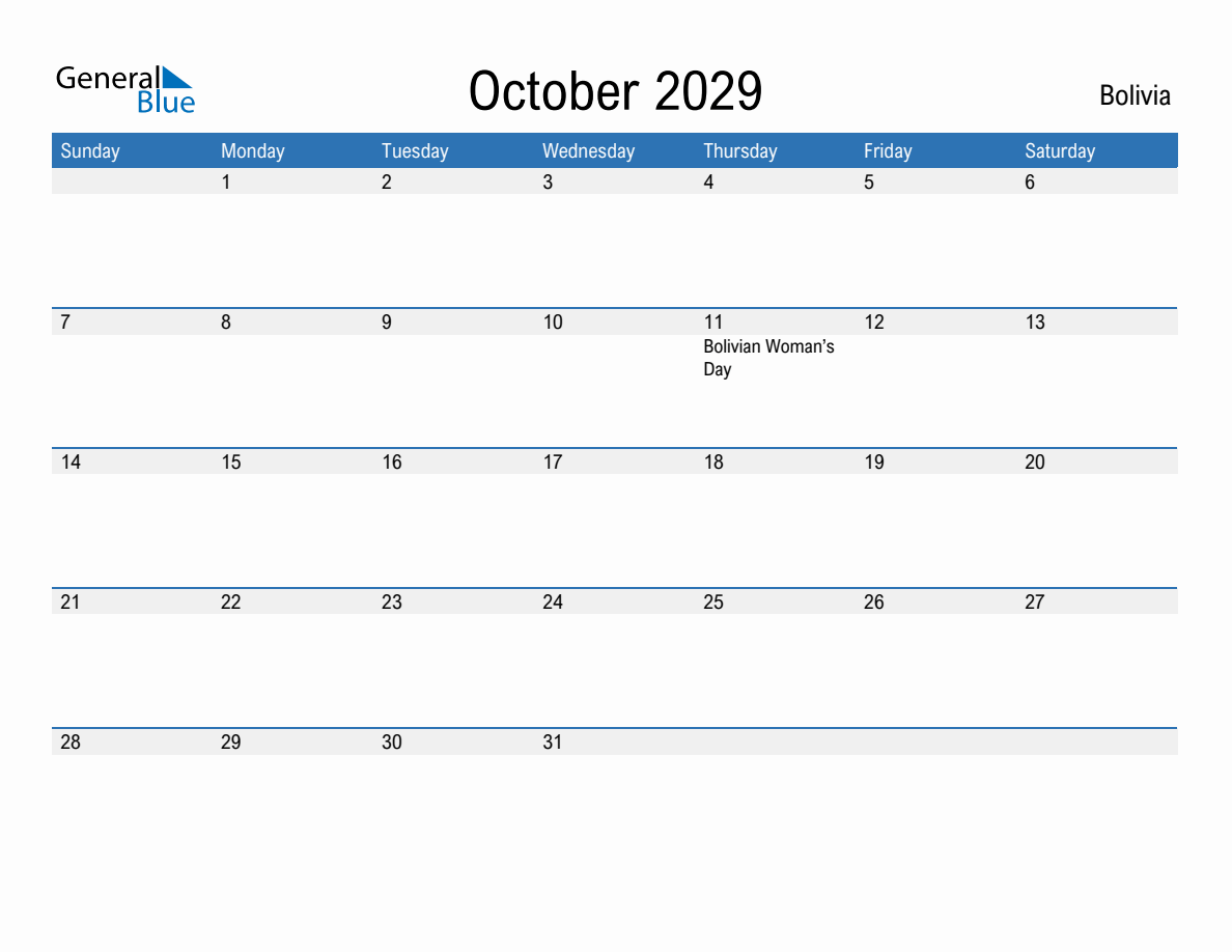 October 2029 Monthly Calendars with Bolivia Holidays