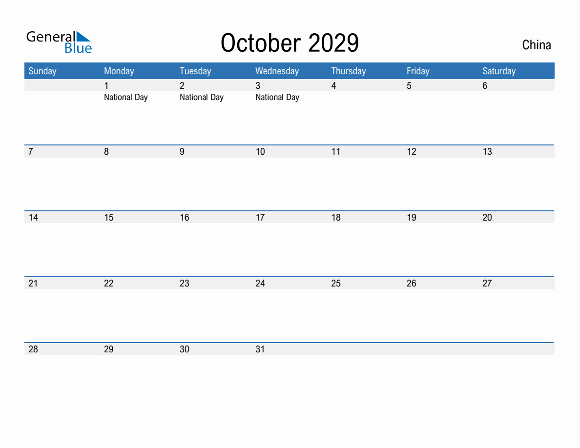 October 2029 Monthly Calendars with China Holidays