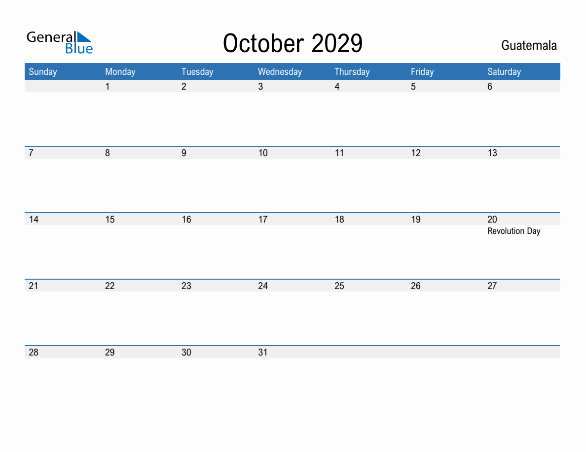 Editable October 2029 Calendar with Guatemala Holidays