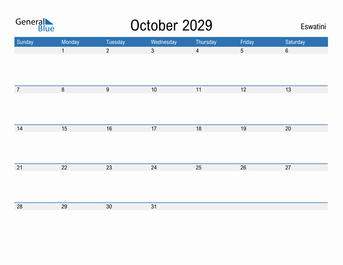 Editable October 2029 Calendar with Eswatini Holidays