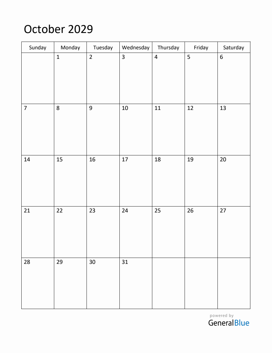 Editable October 2029 Monthly Calendar