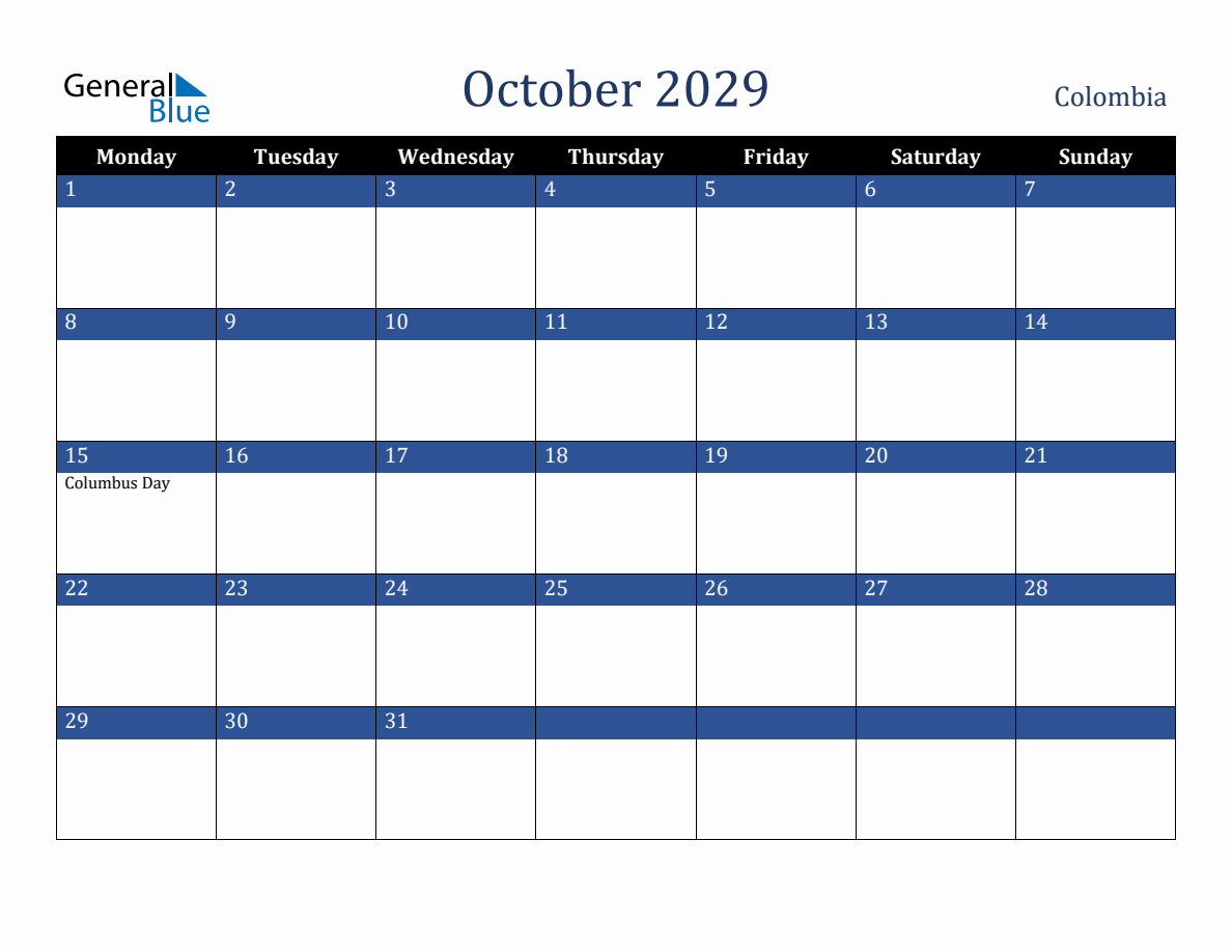 October 2029 Colombia Holiday Calendar