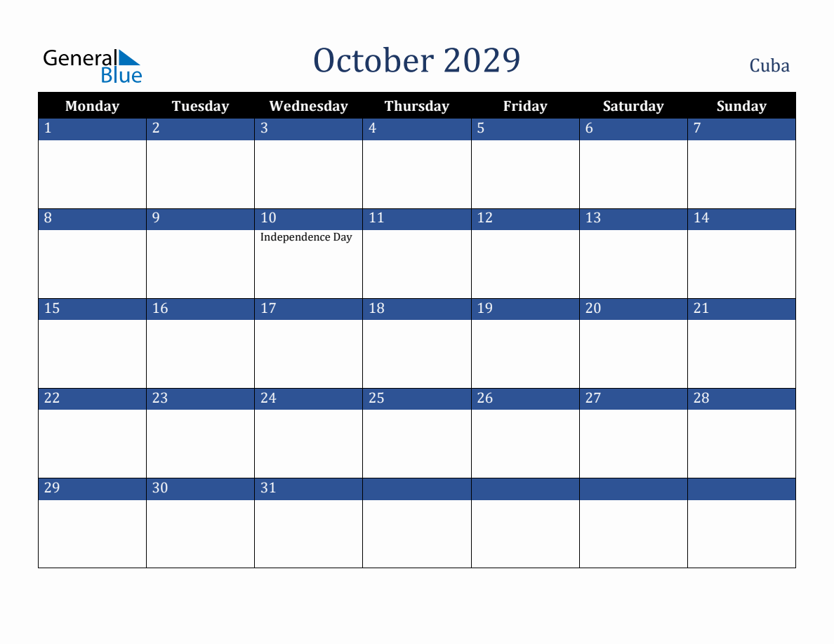 October 2029 Cuba Holiday Calendar (Monday Start)