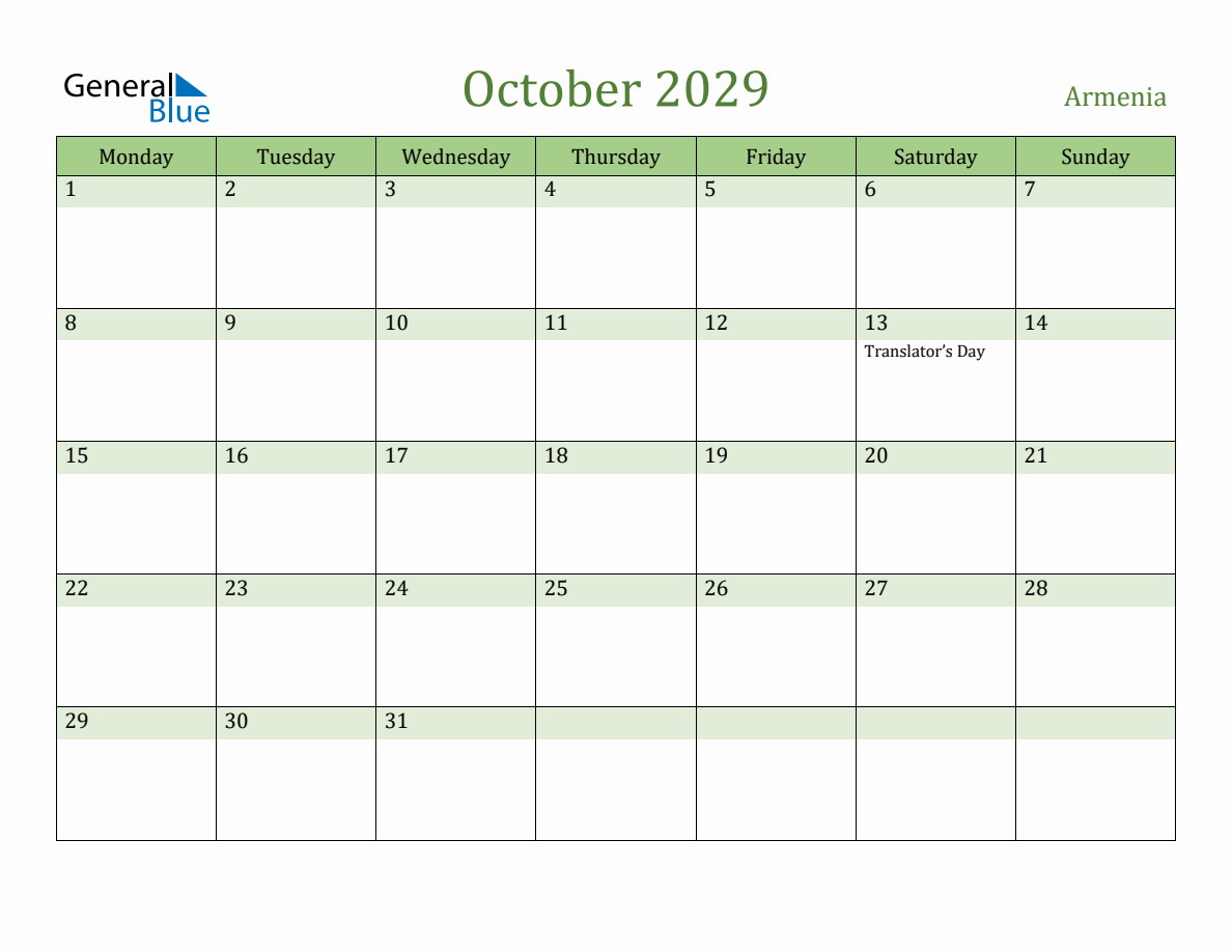 Fillable Holiday Calendar for Armenia - October 2029