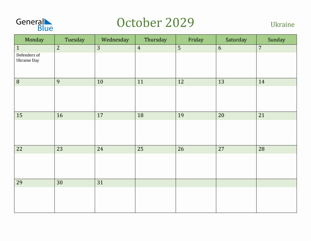 Fillable Holiday Calendar for Ukraine - October 2029