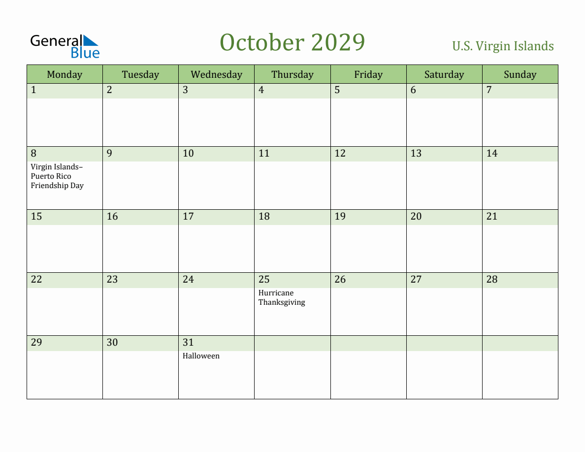 Fillable Holiday Calendar for U.S. Virgin Islands - October 2029 ...