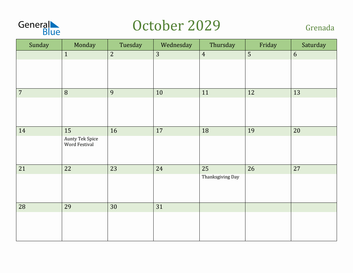 Fillable Holiday Calendar for Grenada - October 2029