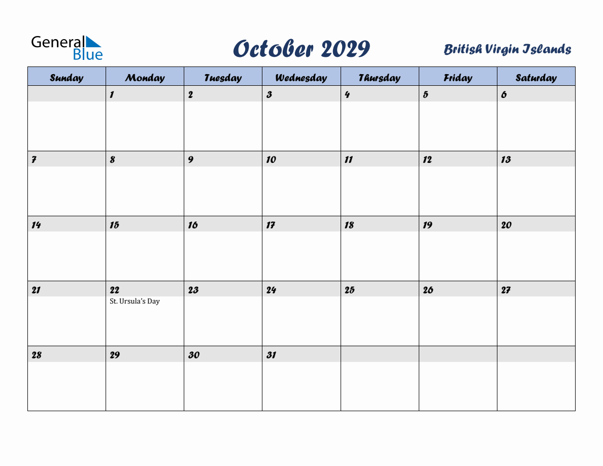 October 2029 Monthly Calendar Template with Holidays for British Virgin ...