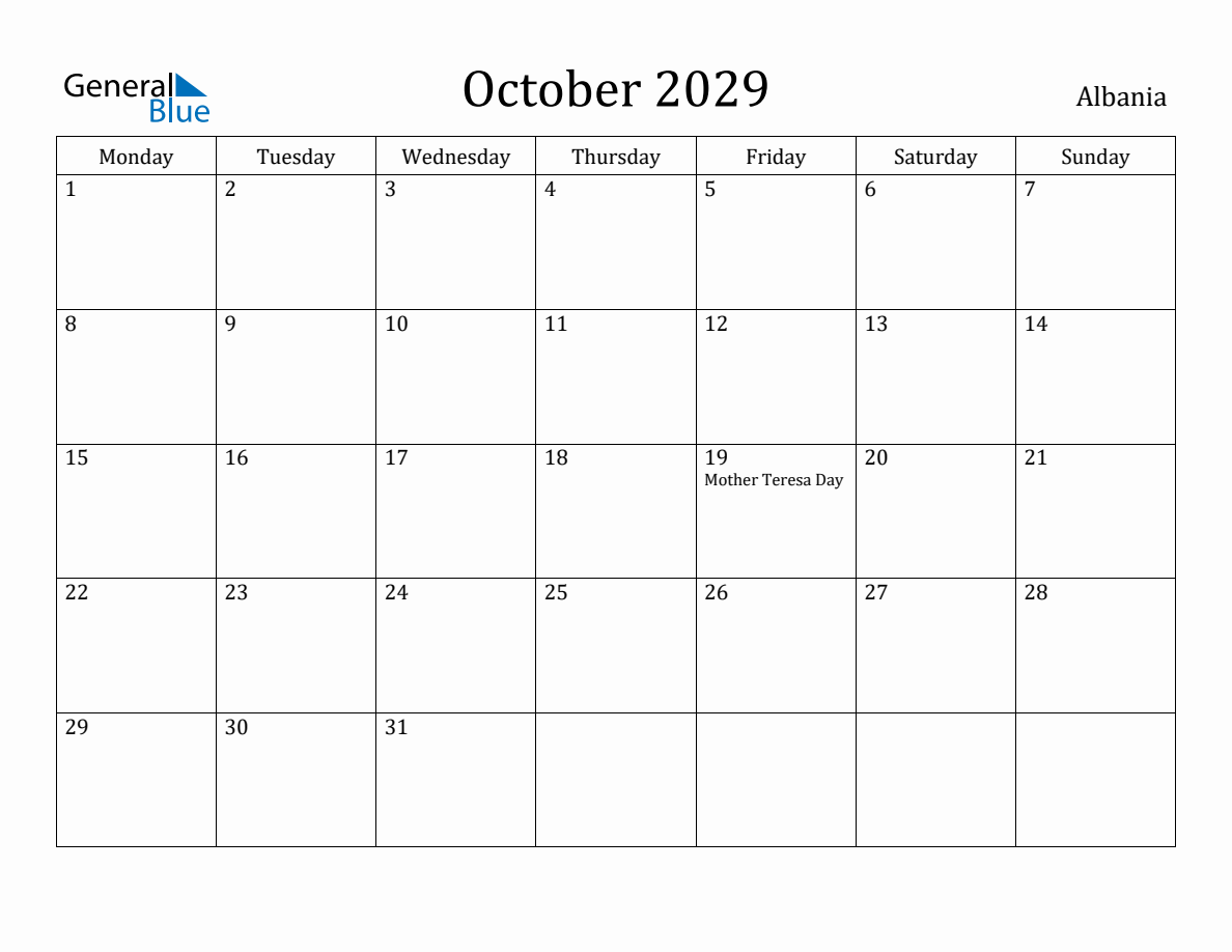 Albania Monthly Calendar - October 2029 (Monday Start)