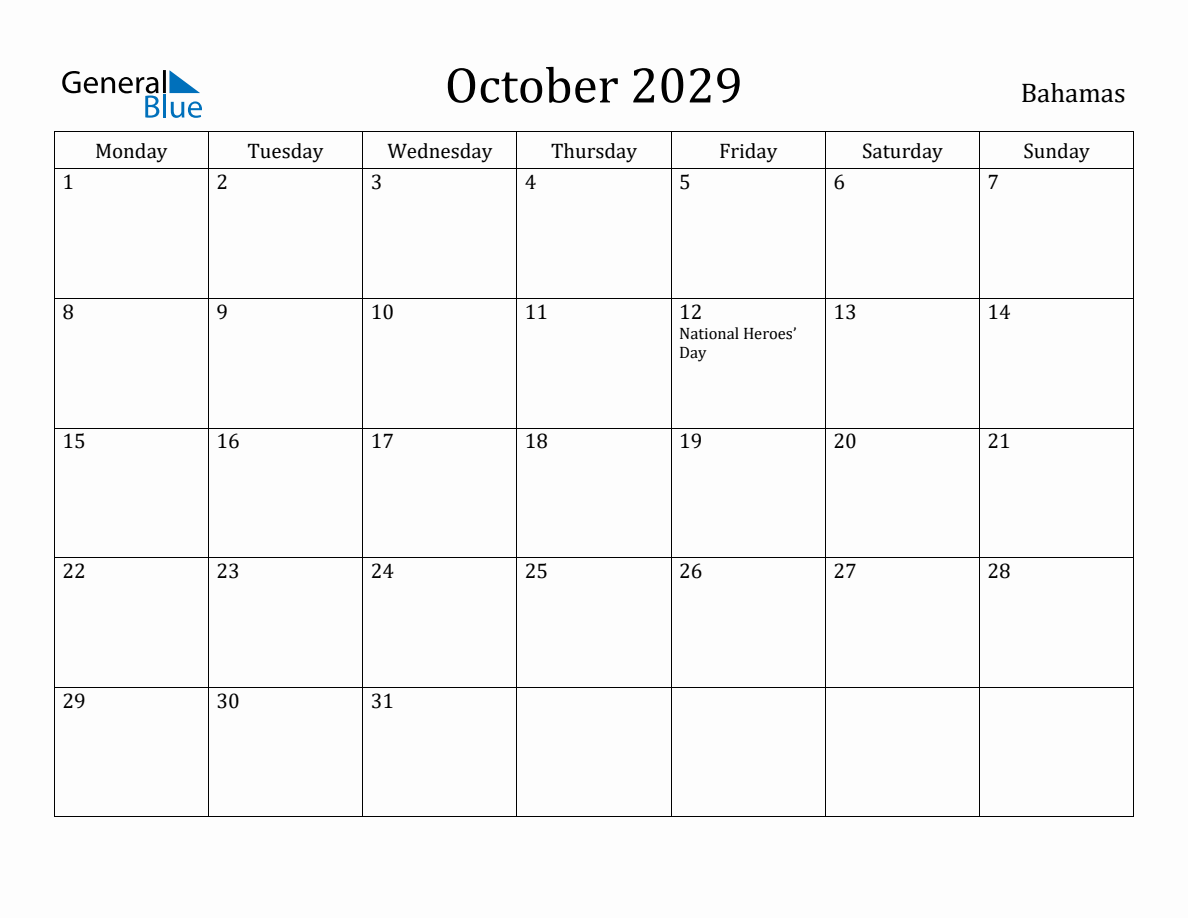 Bahamas Monthly Calendar - October 2029 (Monday Start)