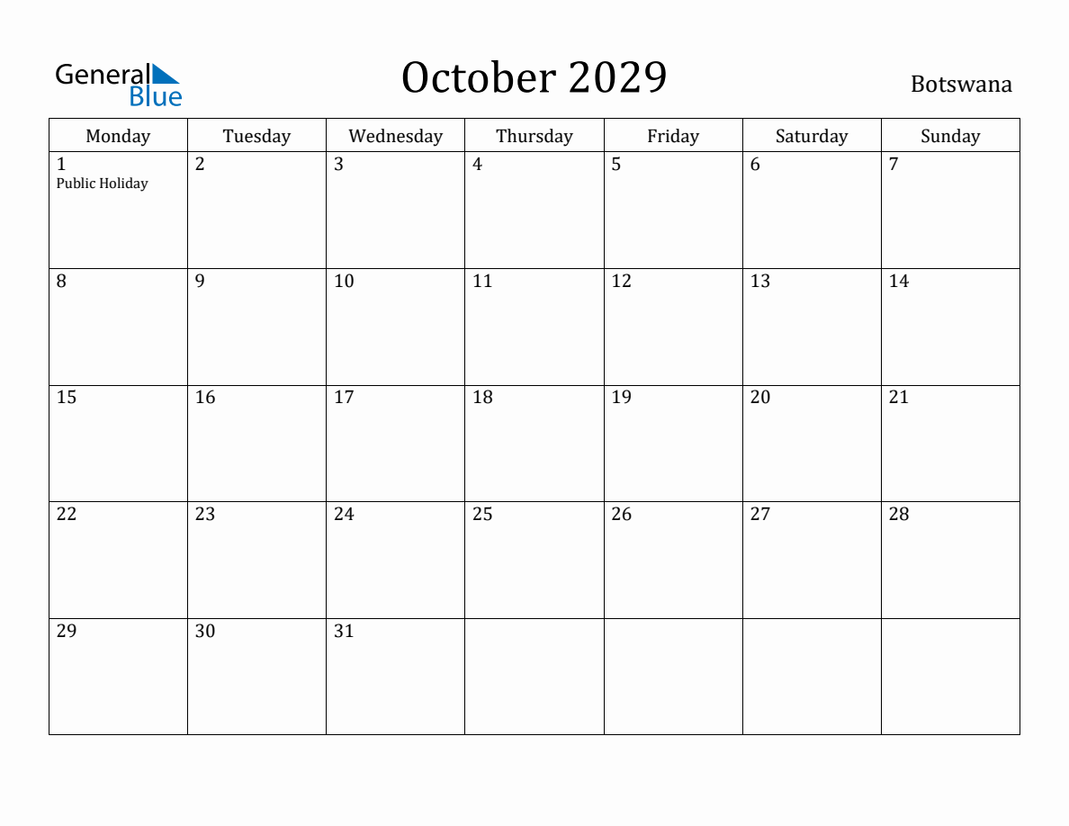 October 2029 Monthly Calendar with Botswana Holidays