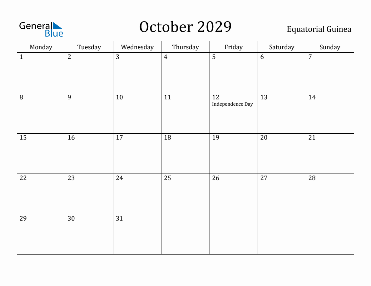 October 2029 - Equatorial Guinea Monthly Calendar with Holidays