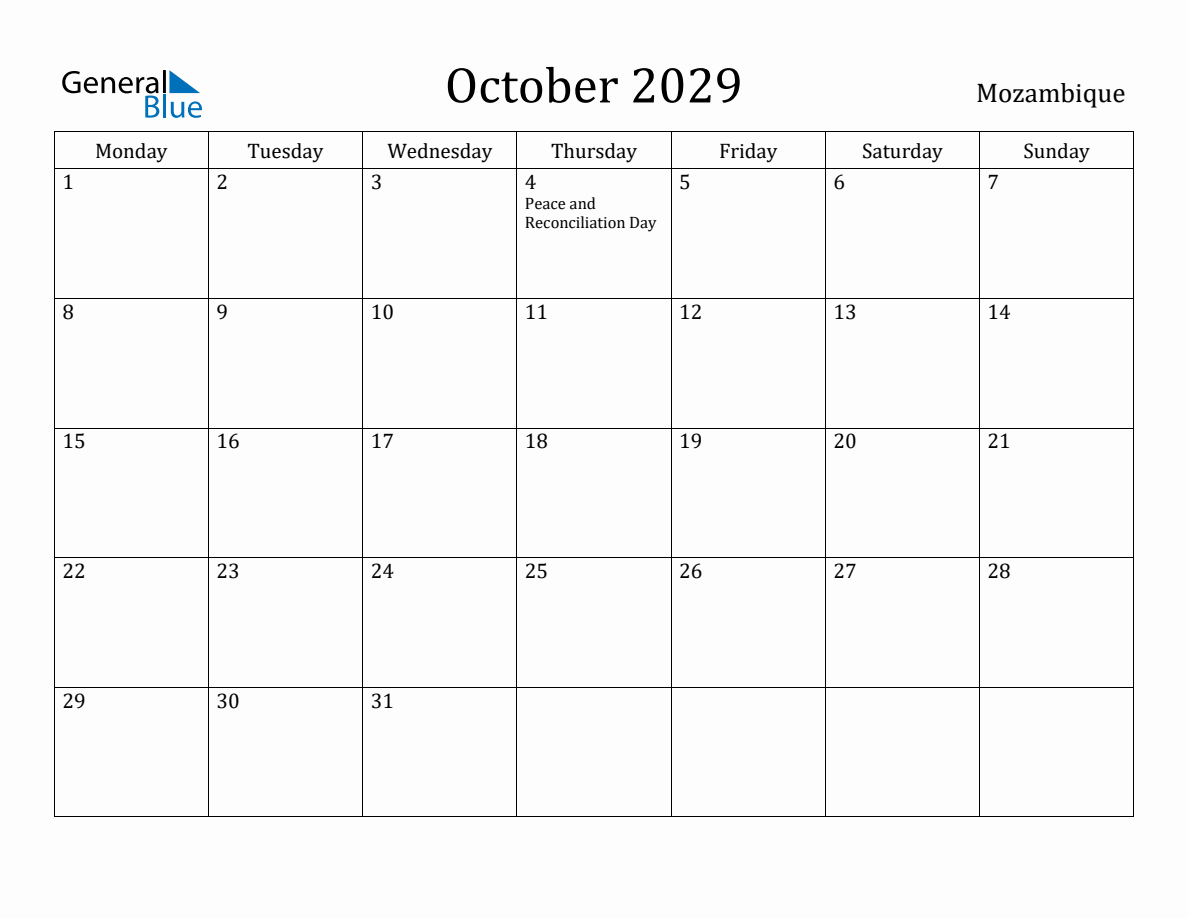 October 2029 Monthly Calendar with Mozambique Holidays