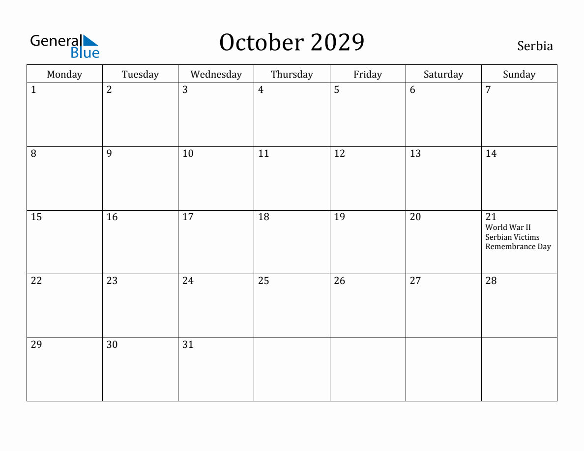 October 2029 Monthly Calendar with Serbia Holidays (Monday Start)
