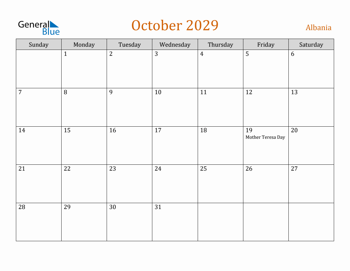 Free October 2029 Albania Calendar