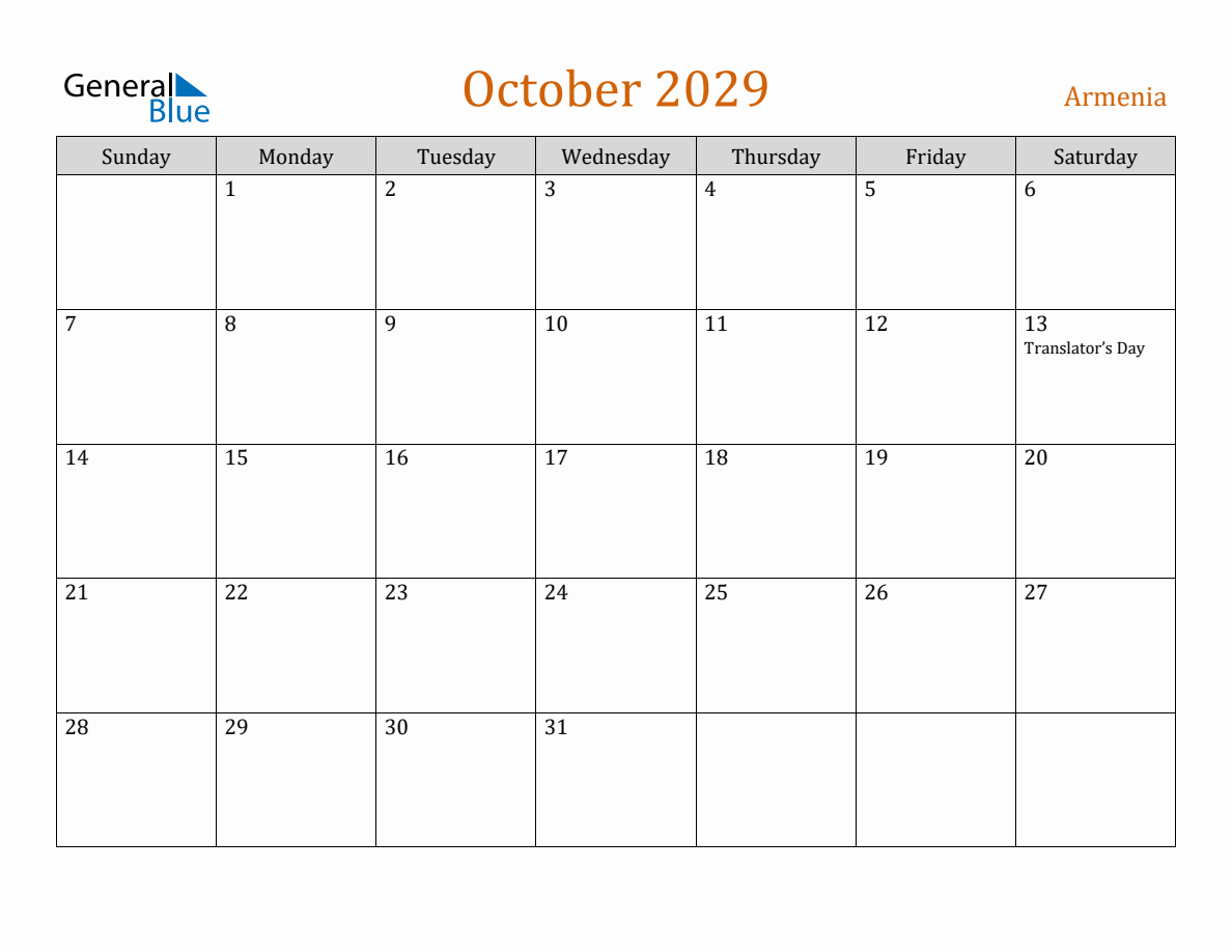 Free October 2029 Armenia Calendar