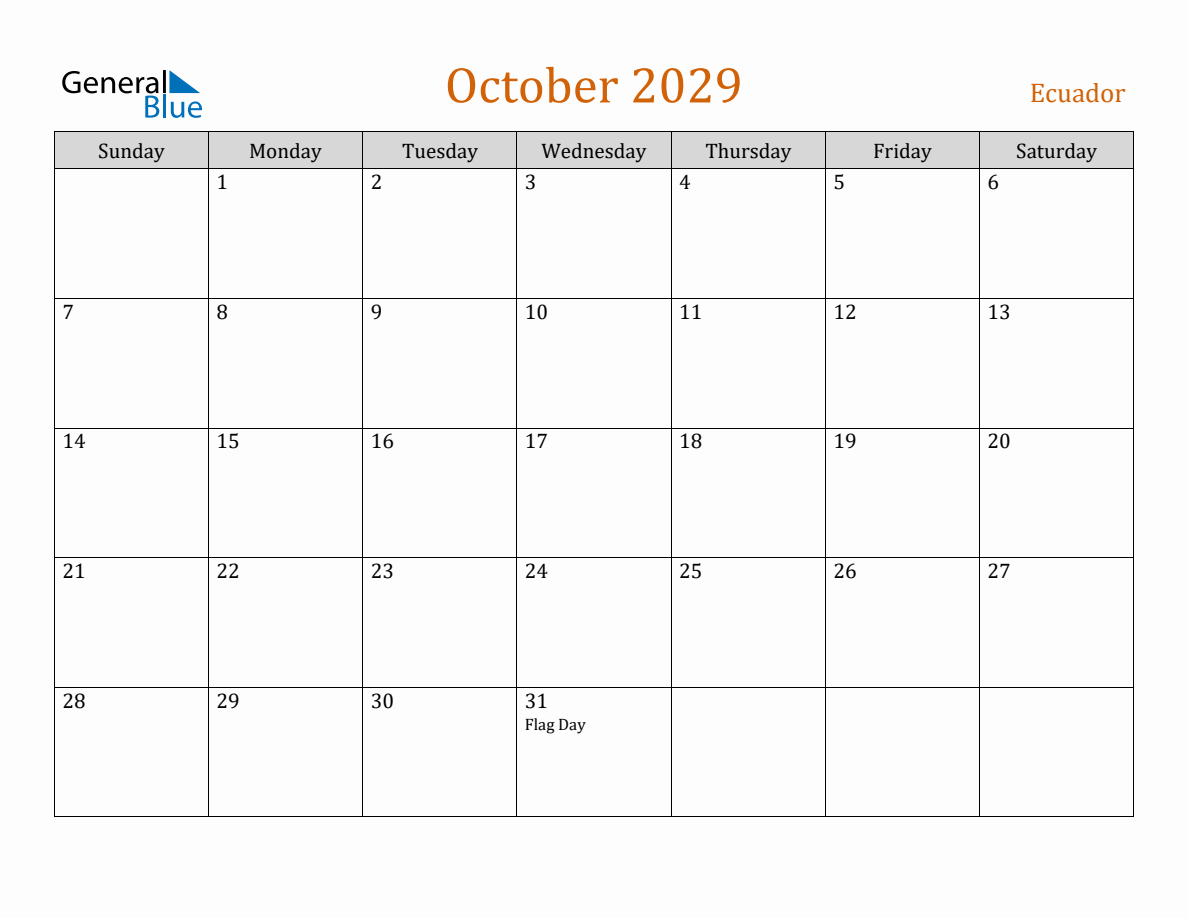 Free October 2029 Ecuador Calendar