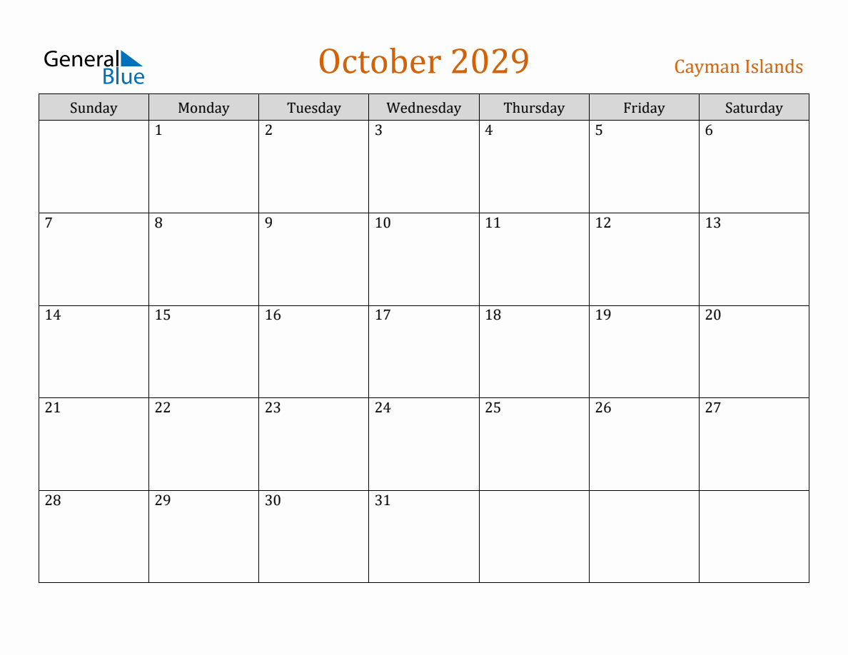 Free October 2029 Cayman Islands Calendar