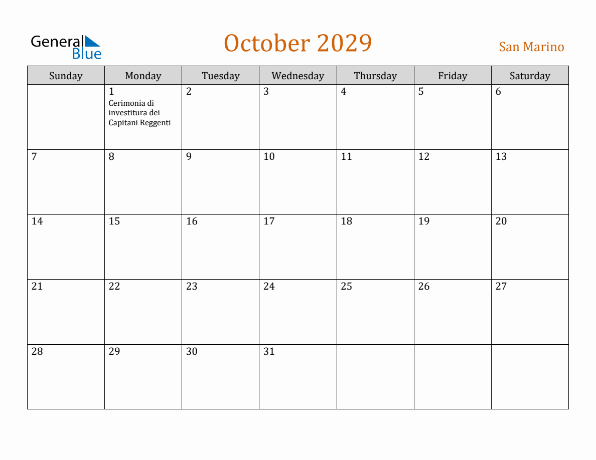 Free October 2029 San Marino Calendar