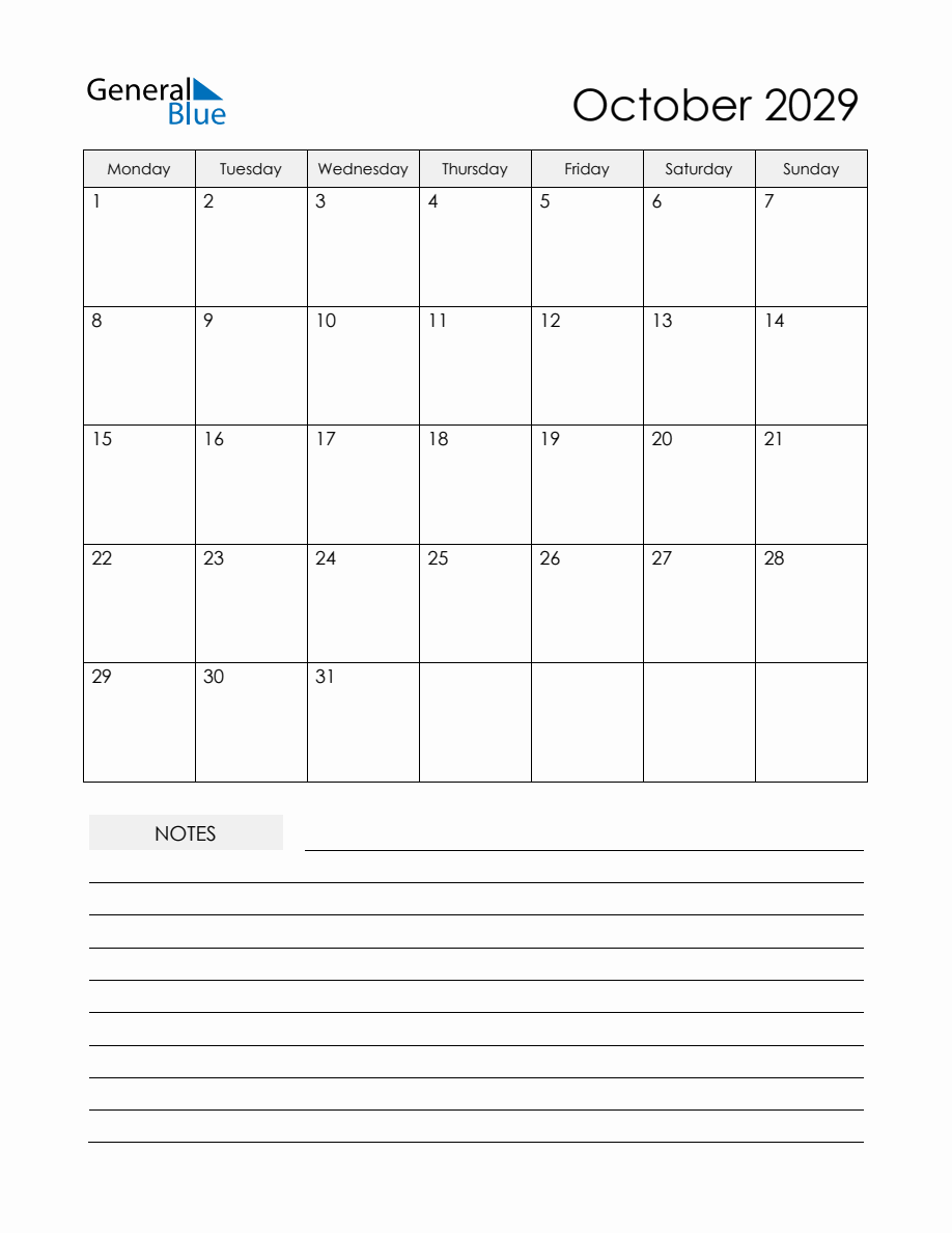 October 2029 Monthly Planner Calendar - Monday Start